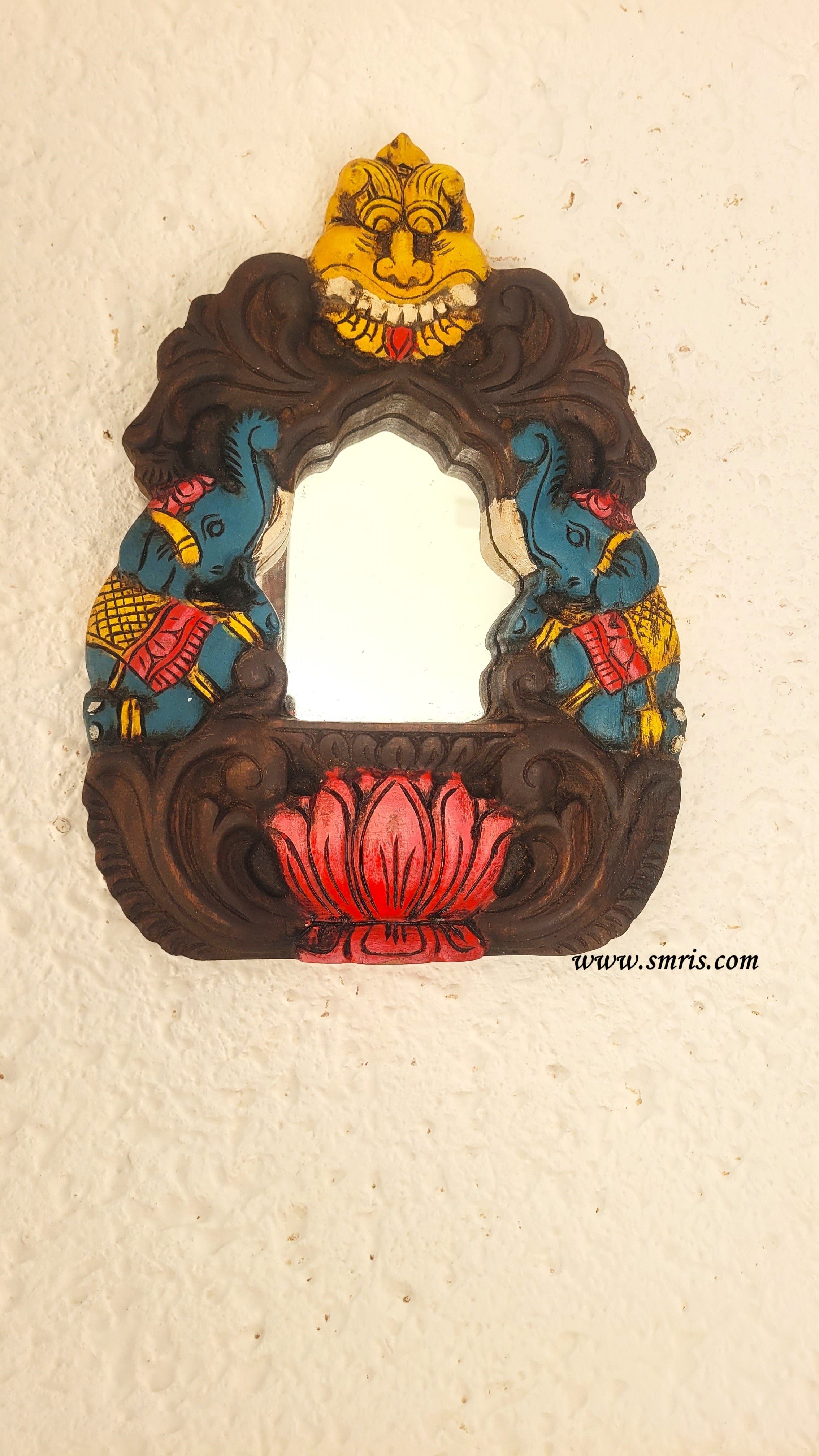 Double Elephant Blue With Yali and Lotus Mirror Frame Chettinad Mahoga ...