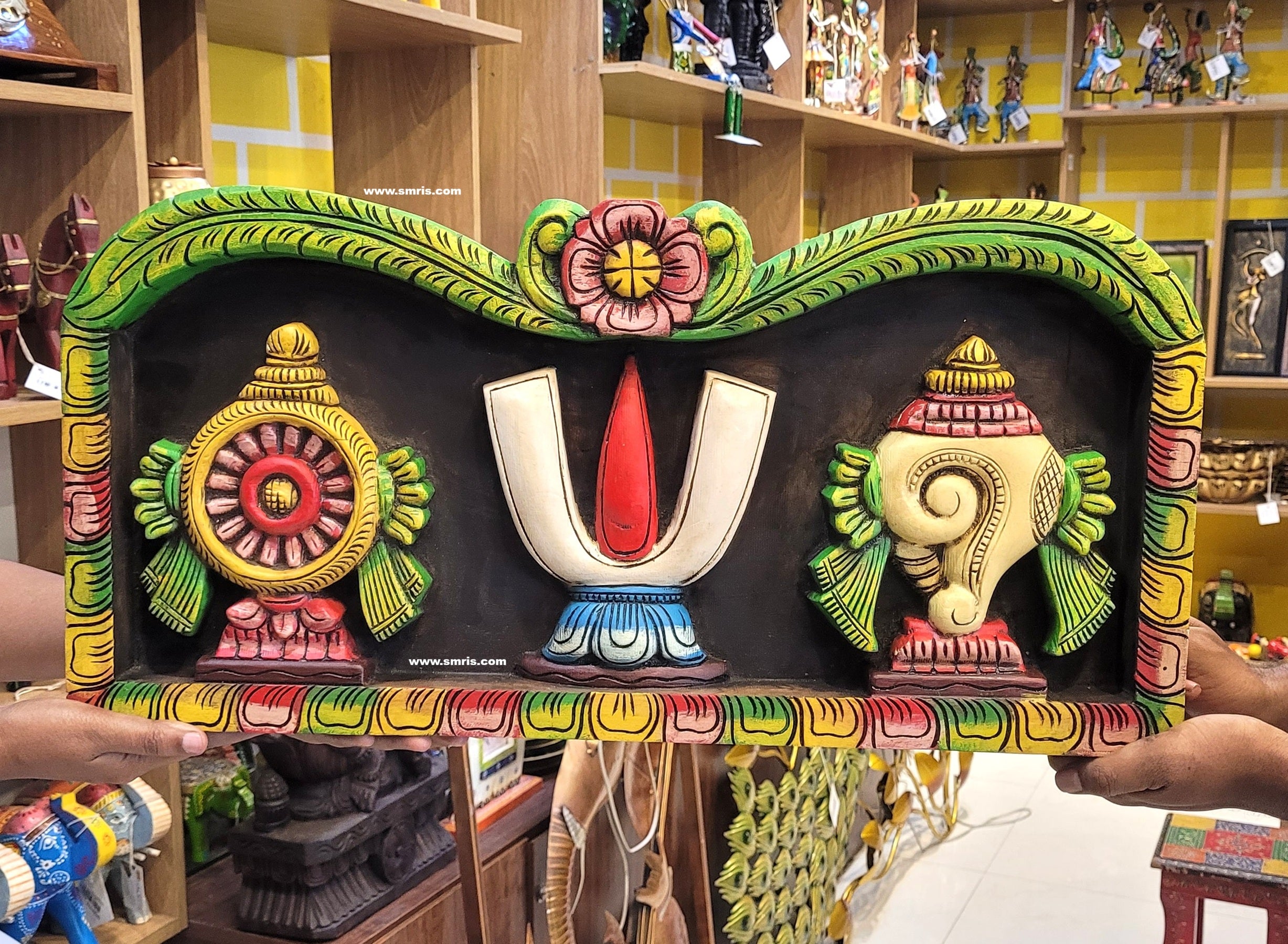 Wooden Namam Sangu Chakram Wooden Wall Panel Frame 24 x 12 Inch Wall H ...