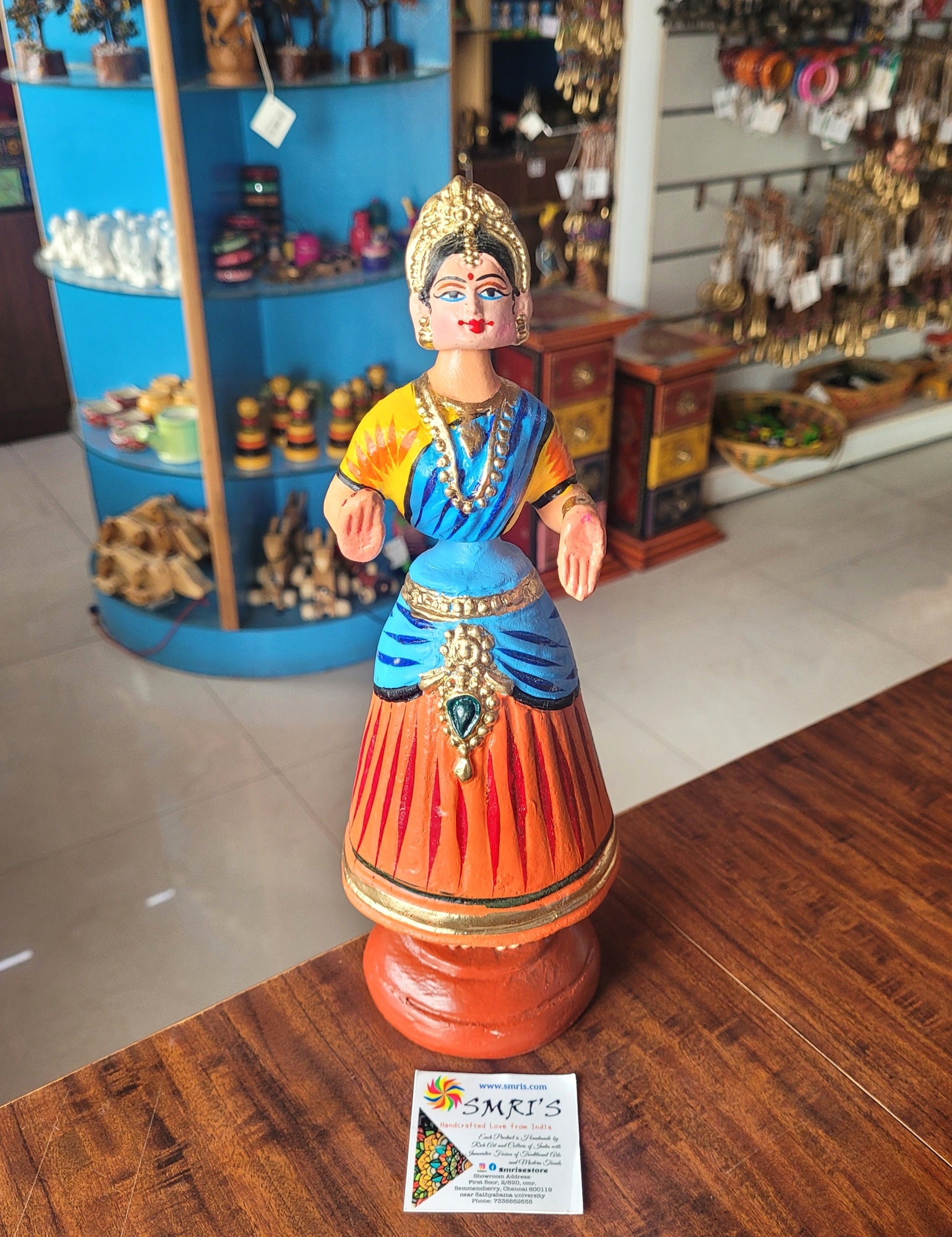 Star Heart Tanjore Dancing Doll Paper Mache 11 inch H Orange & Blue wi ...