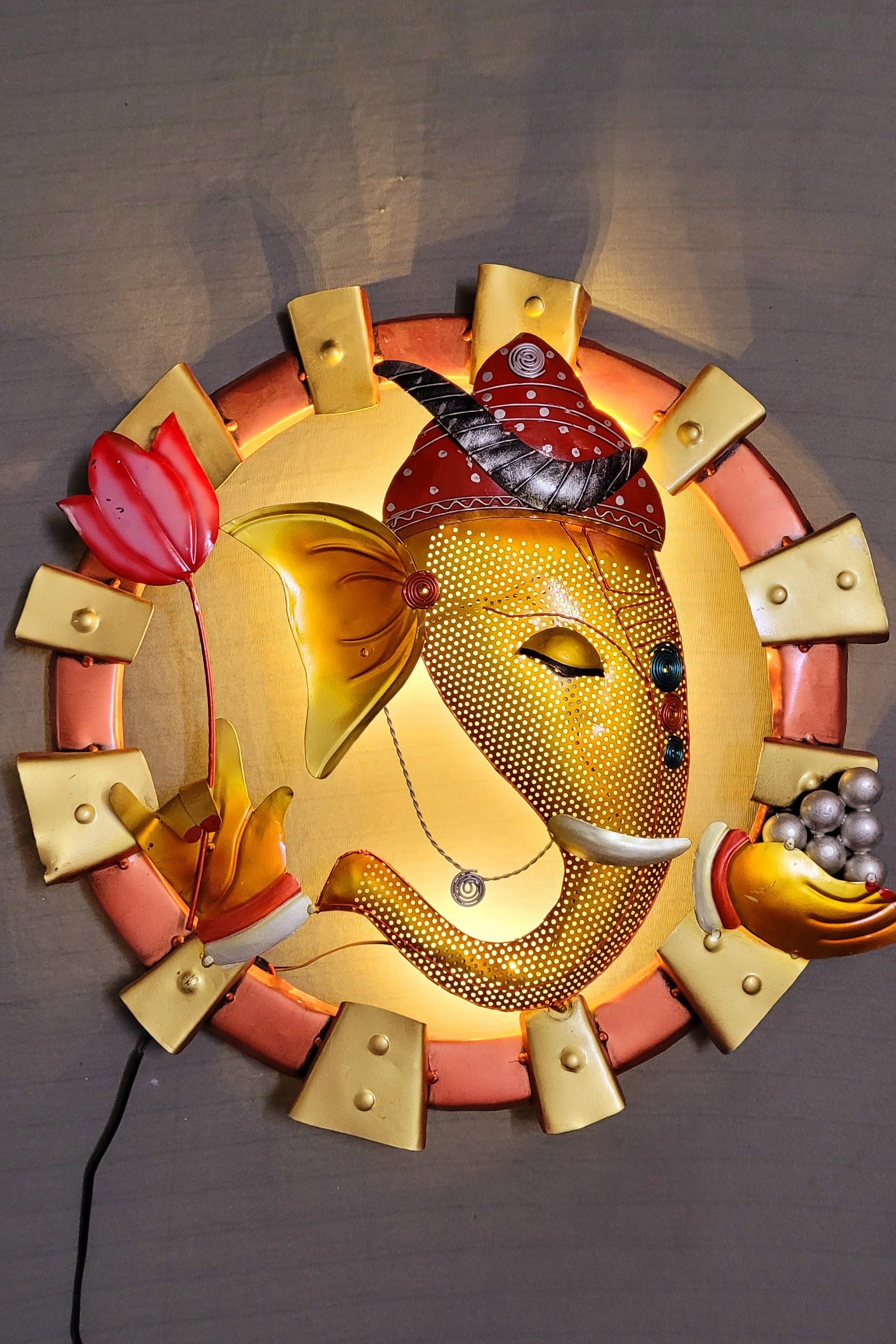 Ganesh With Flower Round Frame Wall decor copper and Gold LED – Smris