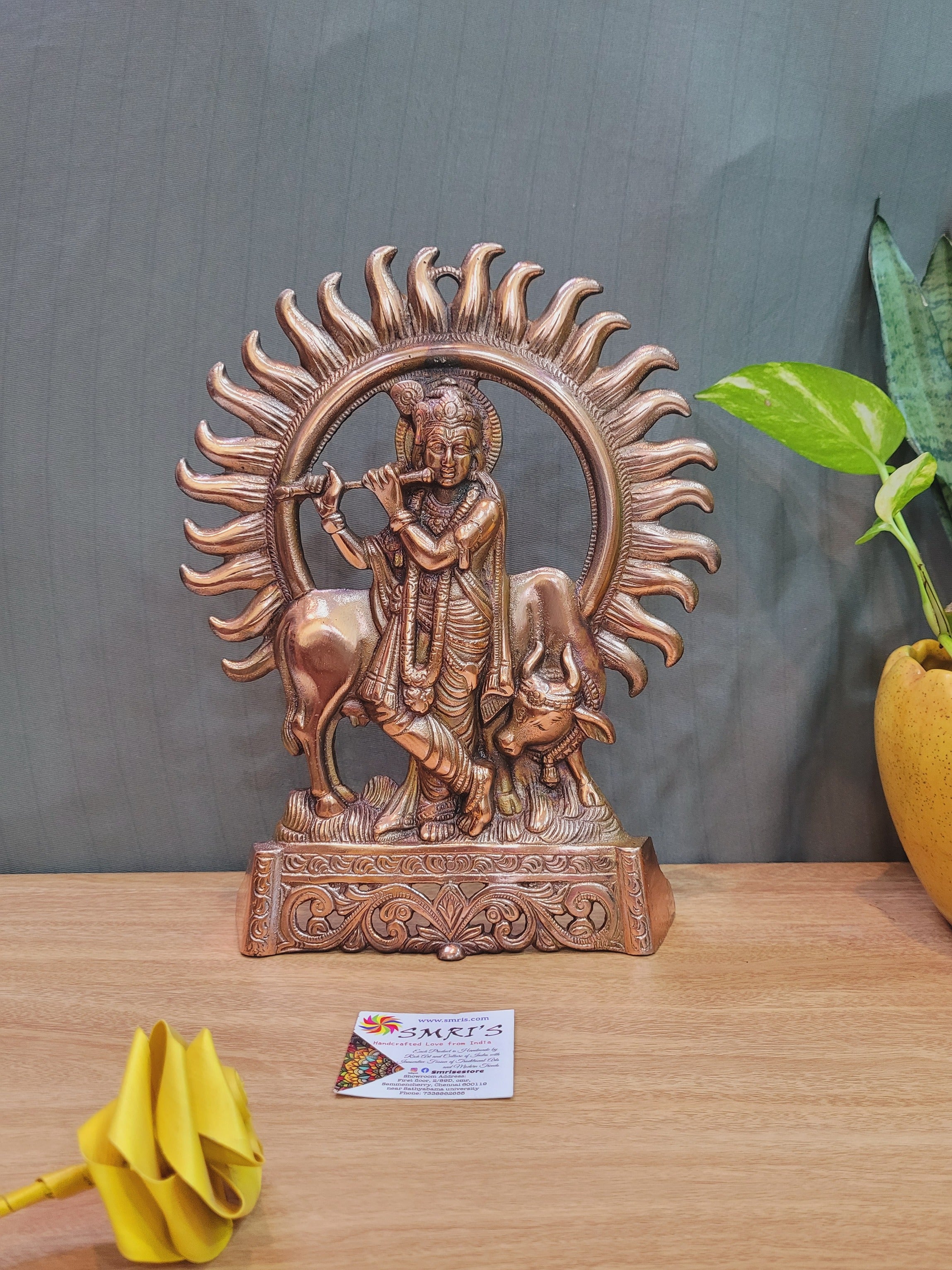 Krishna with Flute and Cow Statue / wall decor copper aluminum idol ...